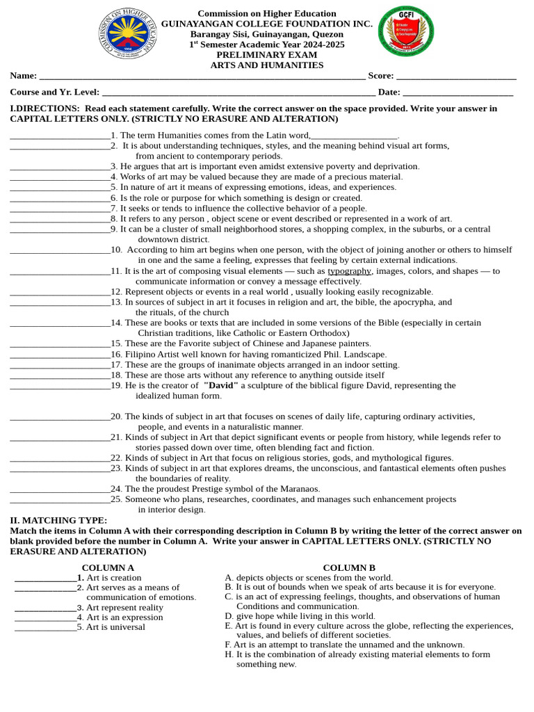 Arts and Humanities Preliminary Exam | PDF | Humanities | Communication