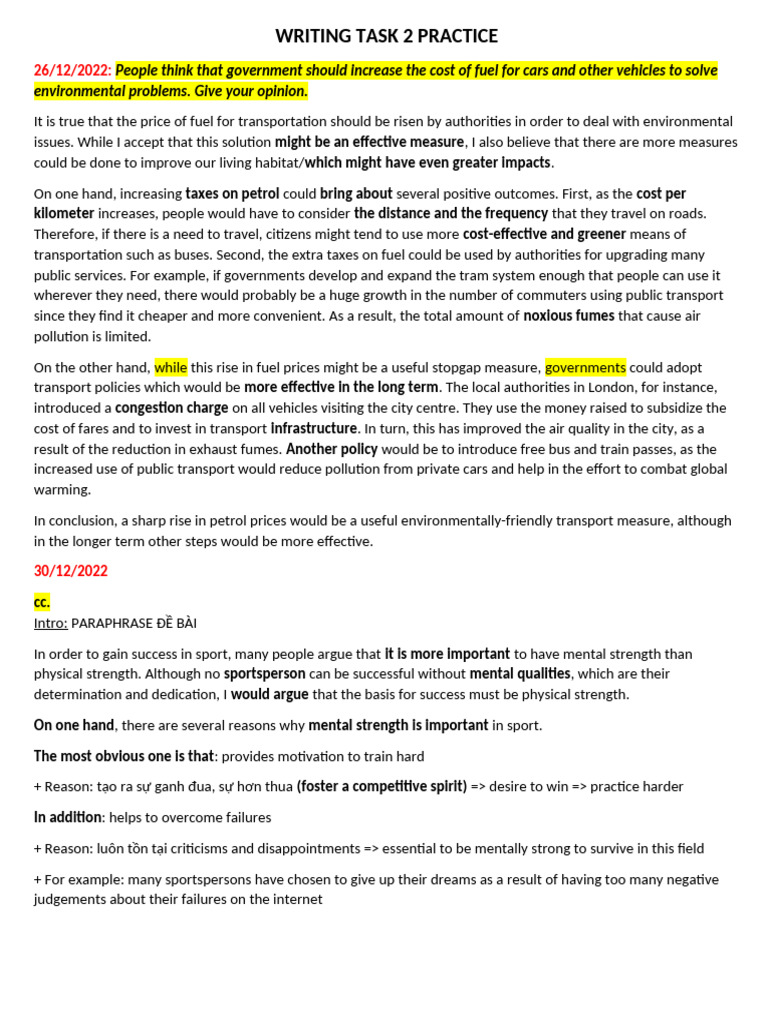 WRITING TASK 2 PRACTICE | PDF | Transport