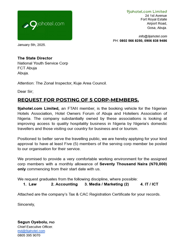 Request for NYSC Corp Members Posting | PDF