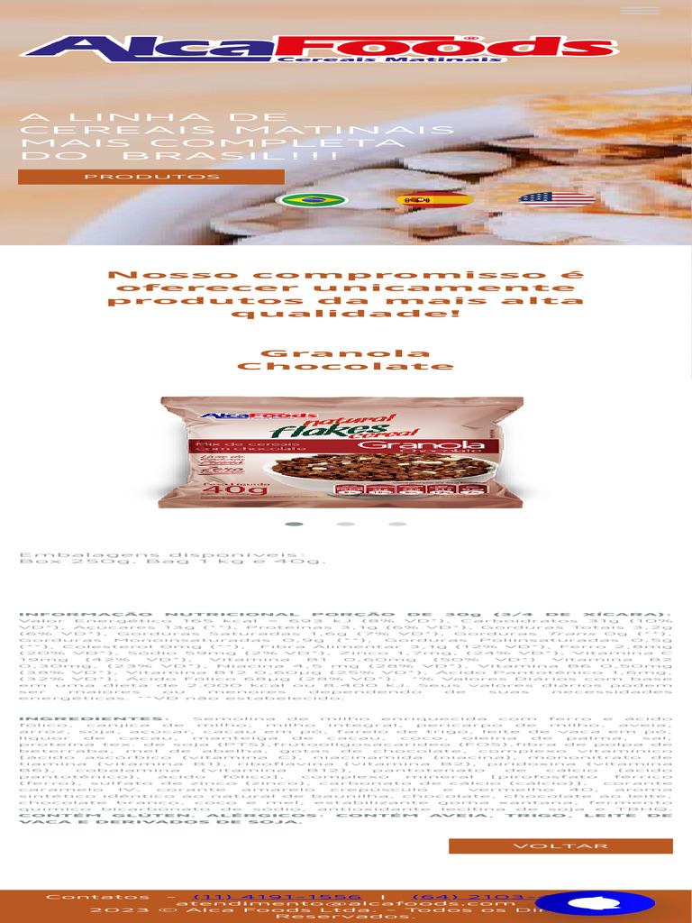 Alca Foods - Cereais Matinais - GRANOLA CHOCOLATE | PDF | Vitamina | Soja
