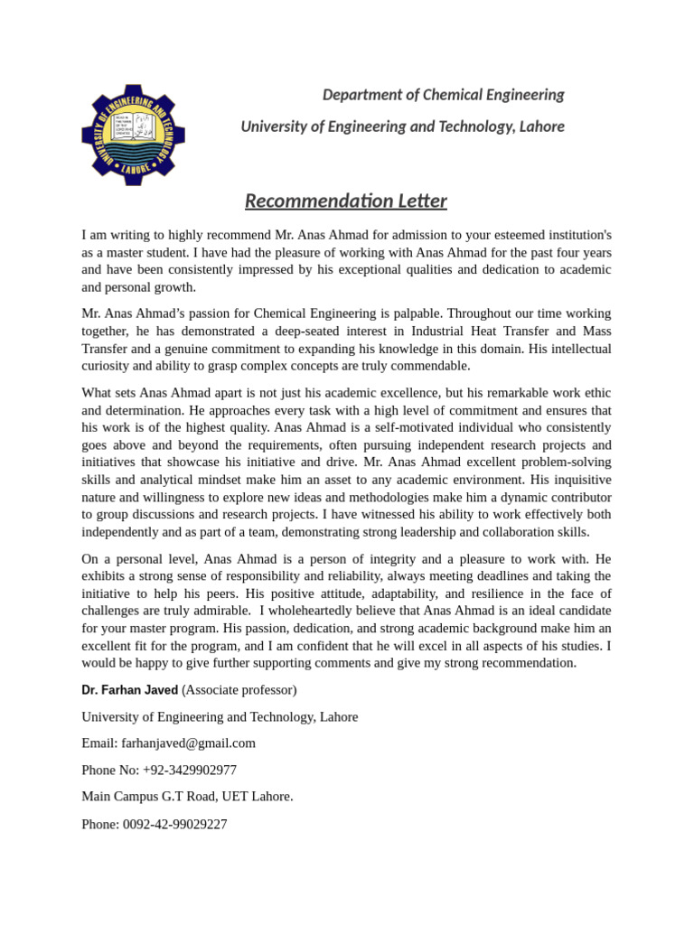 Anas Ahmad - Recomndation - Letter - DR - Farhan | PDF | Psychology | Cognition
