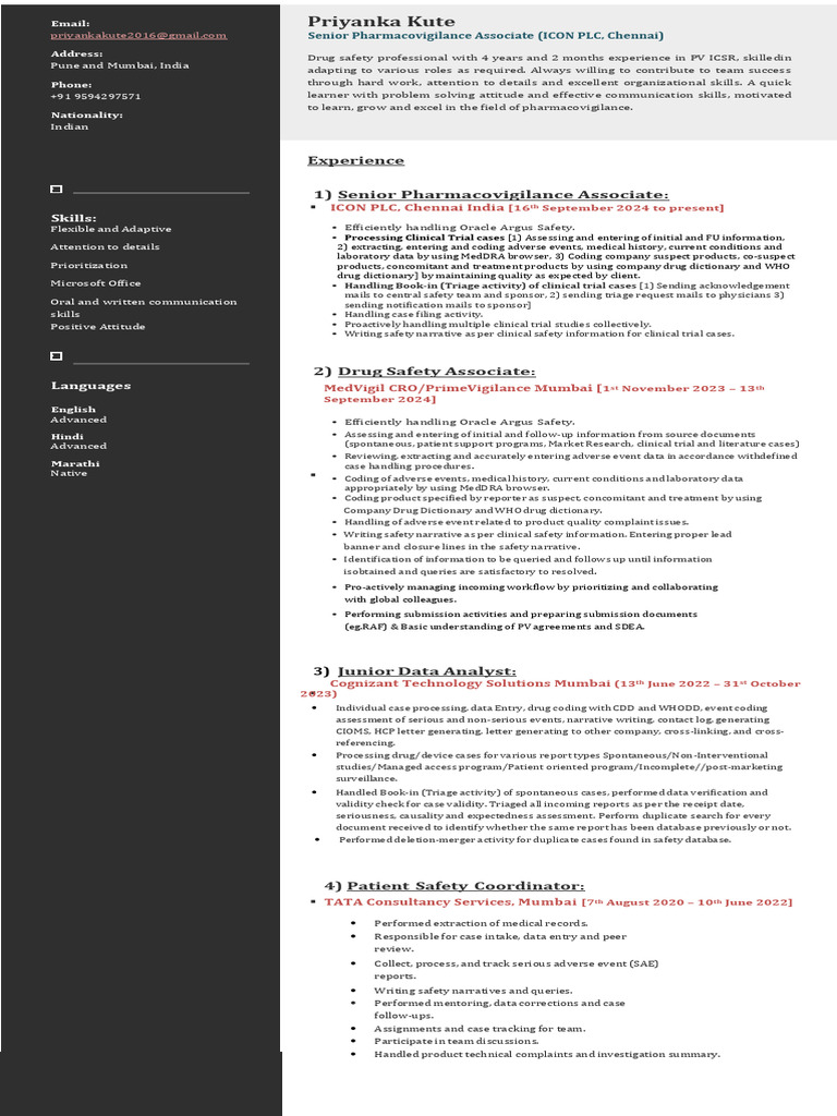 Priyanka Kute - Update PV Resume | PDF | Pharmacovigilance | Clinical Trial
