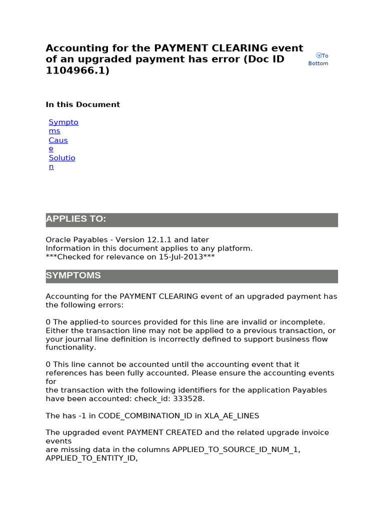 R12 Accounting For The PAYMENT CLEARING Event of An Upgraded Payment Has Error (Doc ID 1104966.1 ...