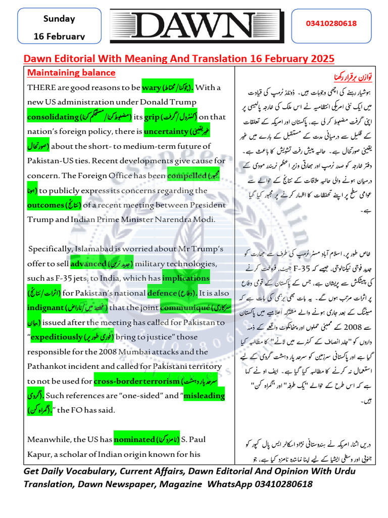 Feb 16 Dawn Editorial With Urdu Translation | PDF