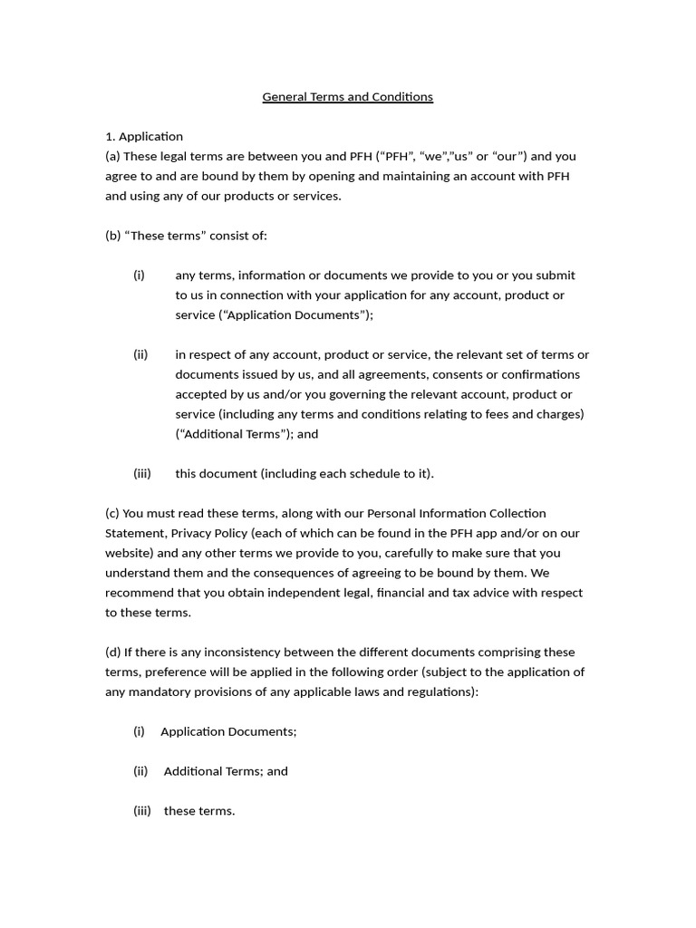 PFH (T0) General Terms and Conditions | PDF | Overdraft | Common Law