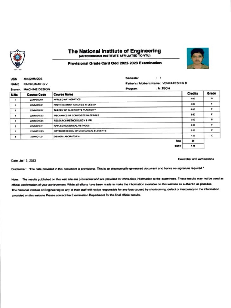 M.Tech Provisional Grade Card 2022-2023 | PDF | Mechanical Engineering ...