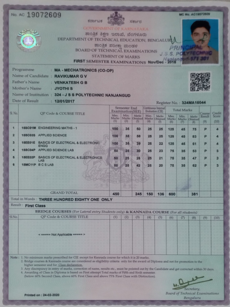 Karnataka Diploma Marksheet Summary | PDF | Diploma | Career And ...