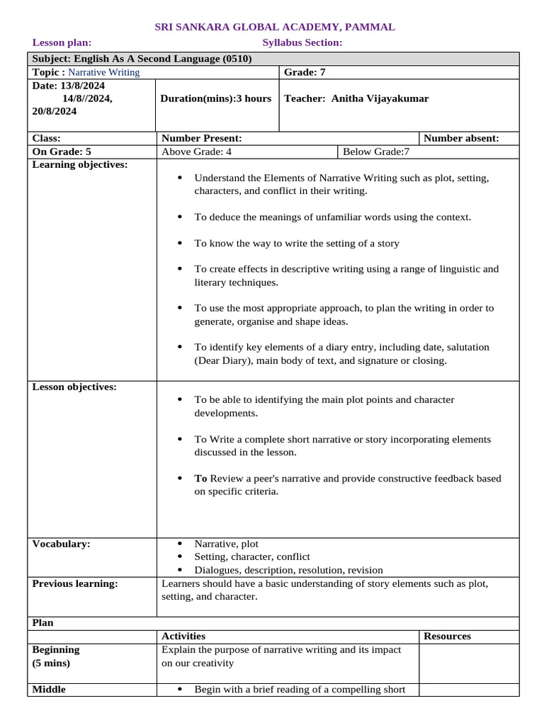 Lesson Plan For Grade 7 Narrative Writing | PDF | Narrative | Lesson Plan