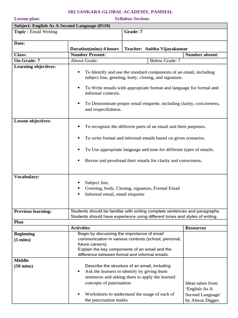 Grade 7 Email Writing Lesson Plan | PDF | Lesson Plan | Learning