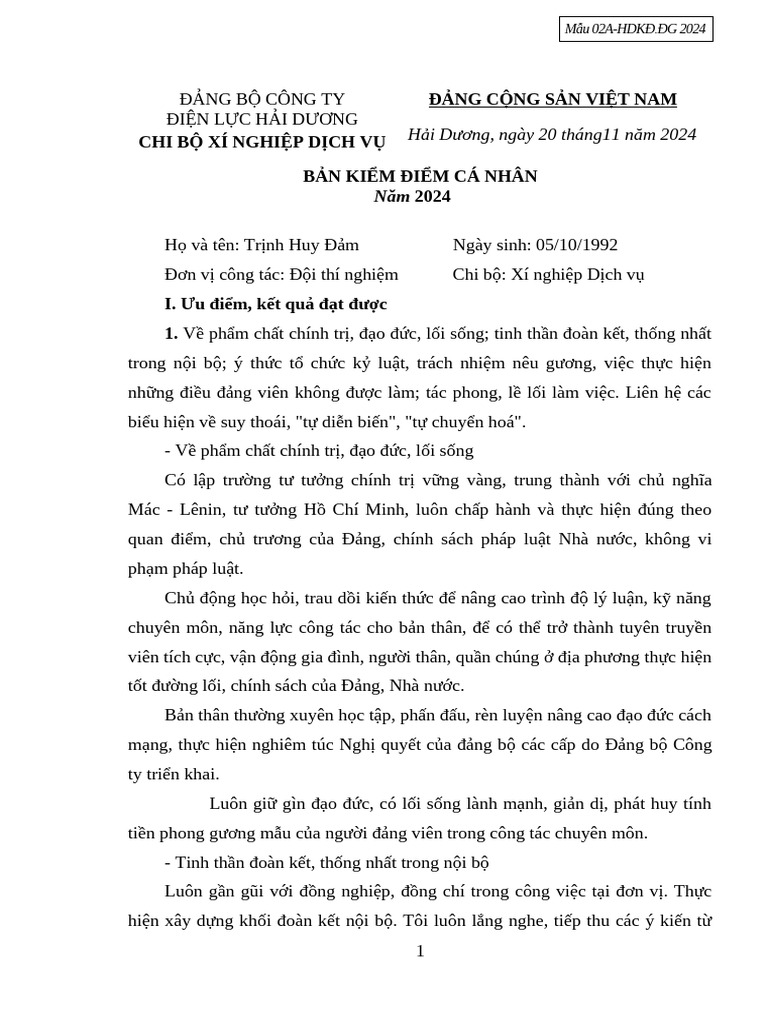Mẫu 2A-Ban Kiem Diem ca nhan 2024 | PDF