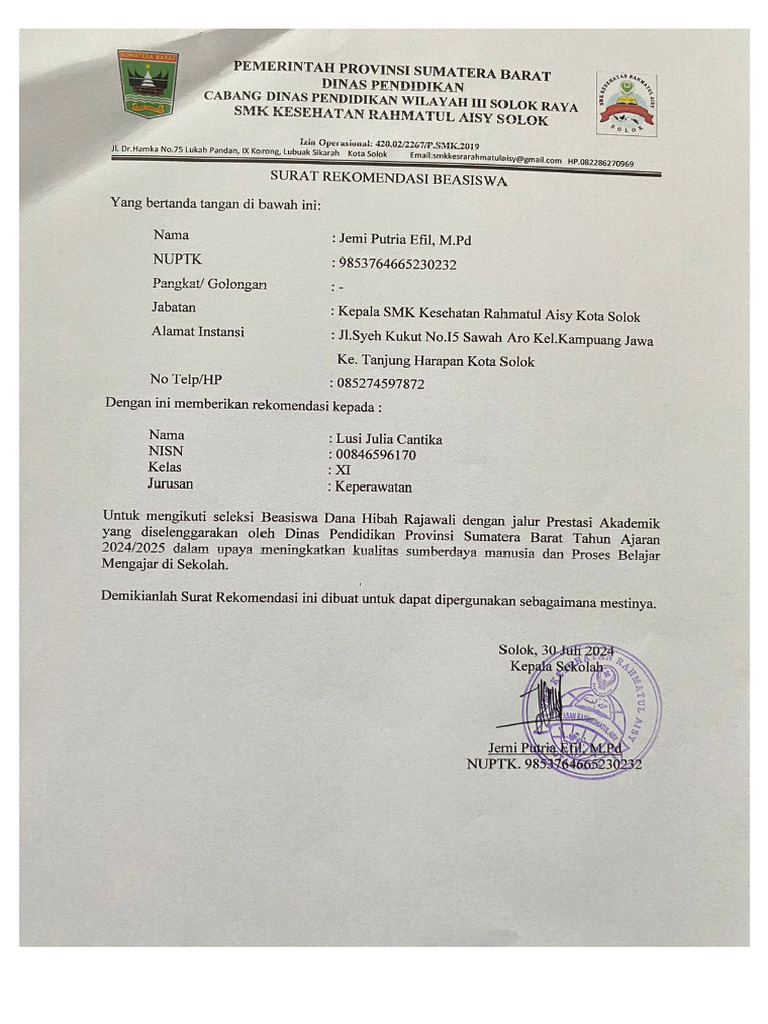 Surat Rekomendasi Beasiswa | PDF