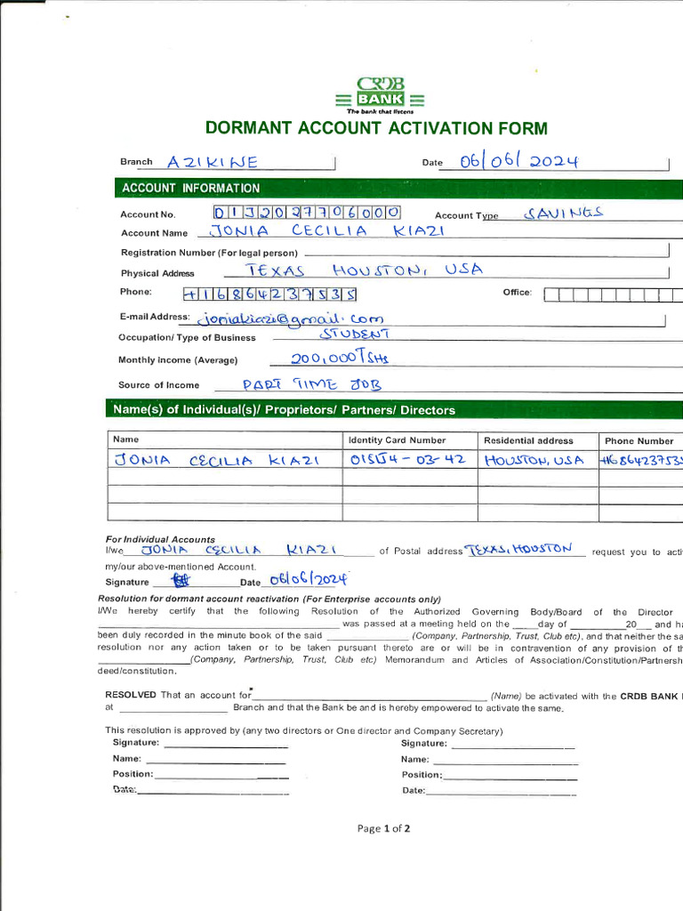 Dormant Account Activation Template Form | PDF