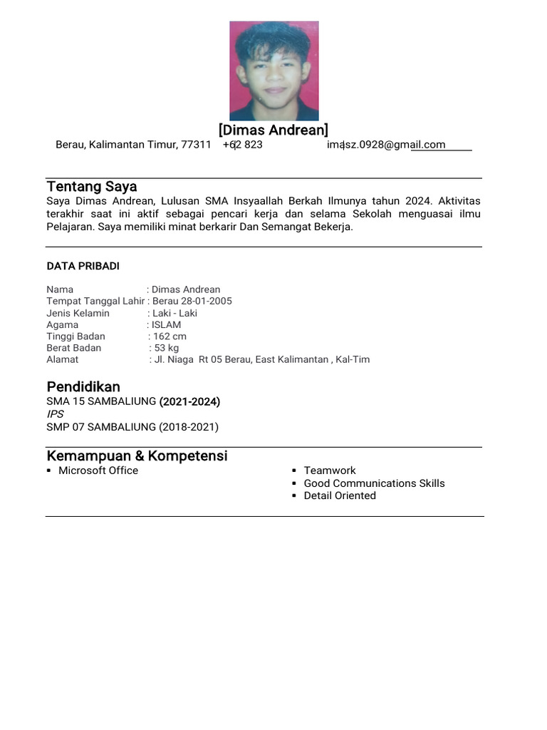 Curriculum Vitae Dimas Andrean | PDF
