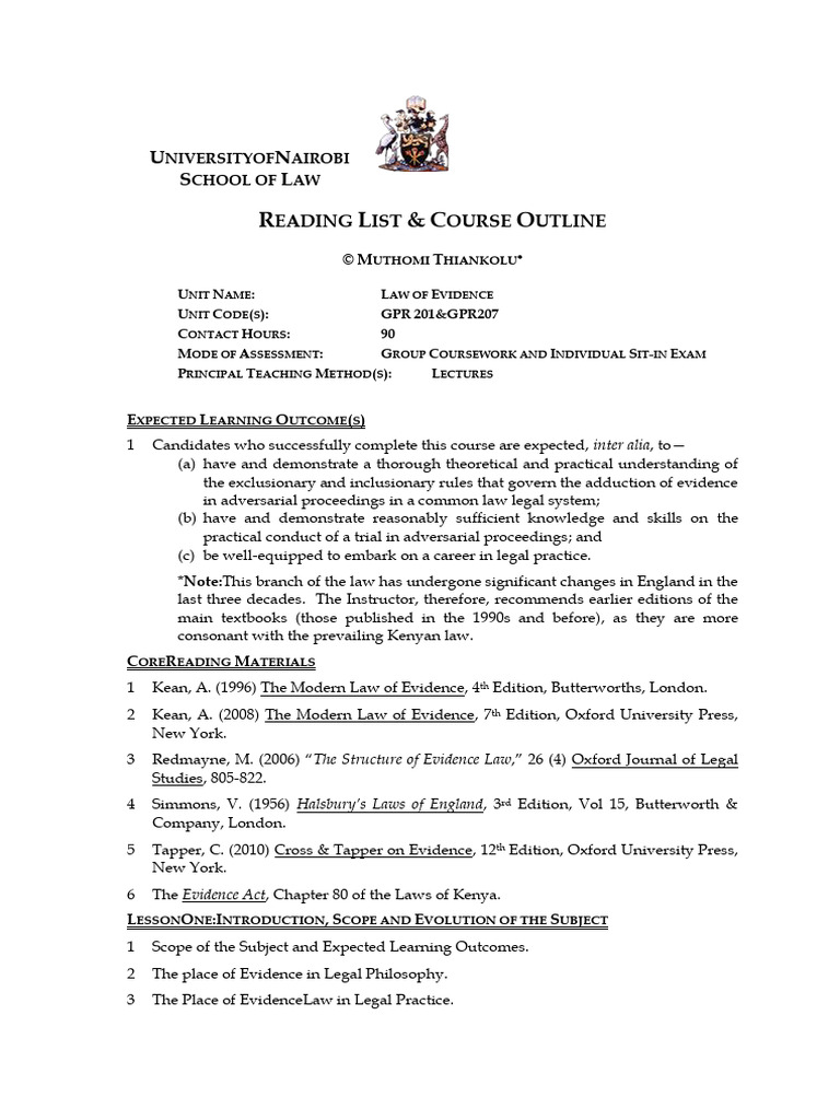 Course Outline (Evidence Law) UON | PDF | Hearsay | Evidence (Law)