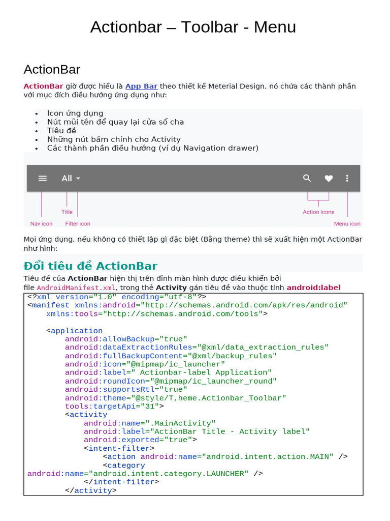 Buoi 4 - 1 - Actionbar - Toolbar - Menu-huongDan1 | PDF