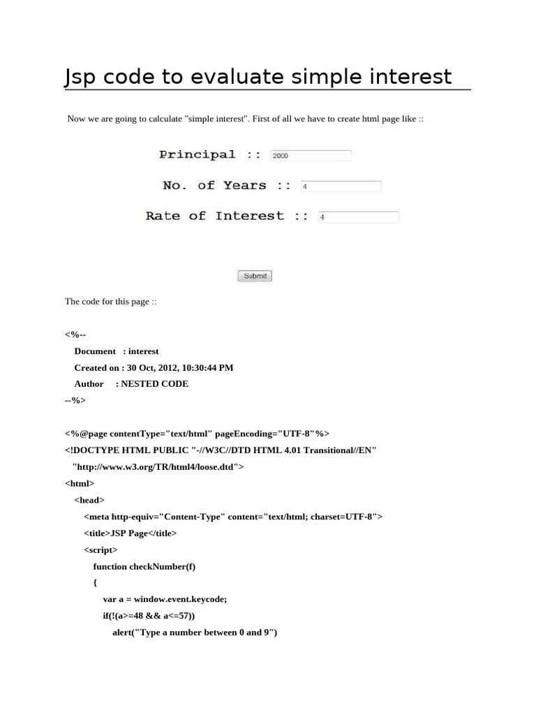 JSP Code To Evaluate Simple Interest | PDF