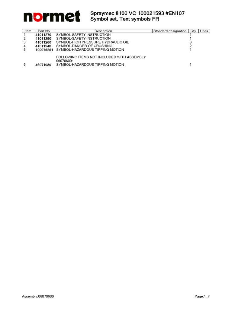 Spraymec 8100 VC 100021593 #EN107 Symbol Set, Text Symbols FR | PDF
