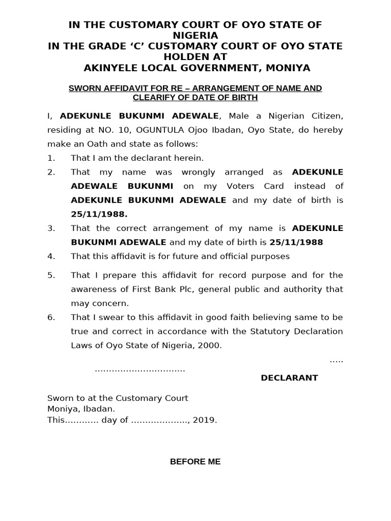 Oyo State Affidavit for Name Correction | PDF | Affidavit | Evidence