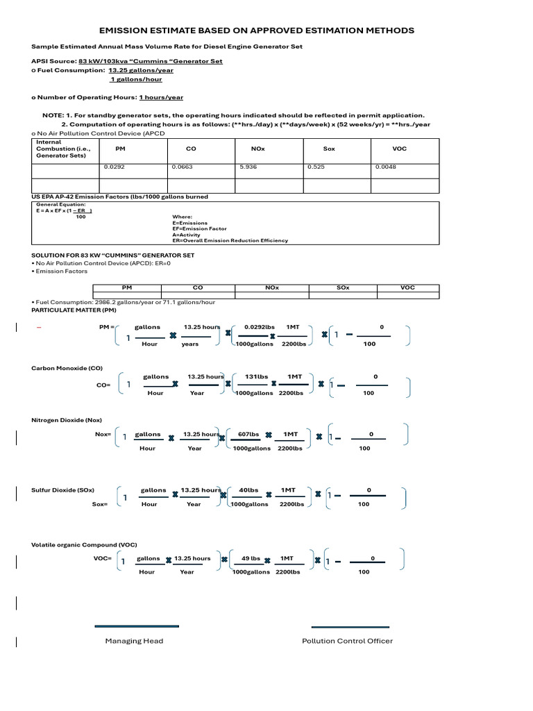 Emission Estimate Based On Approved Estimation Methods | PDF | Exhaust Gas | N Ox