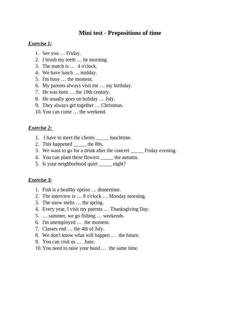 Mini Test For Prepositions of Time | PDF