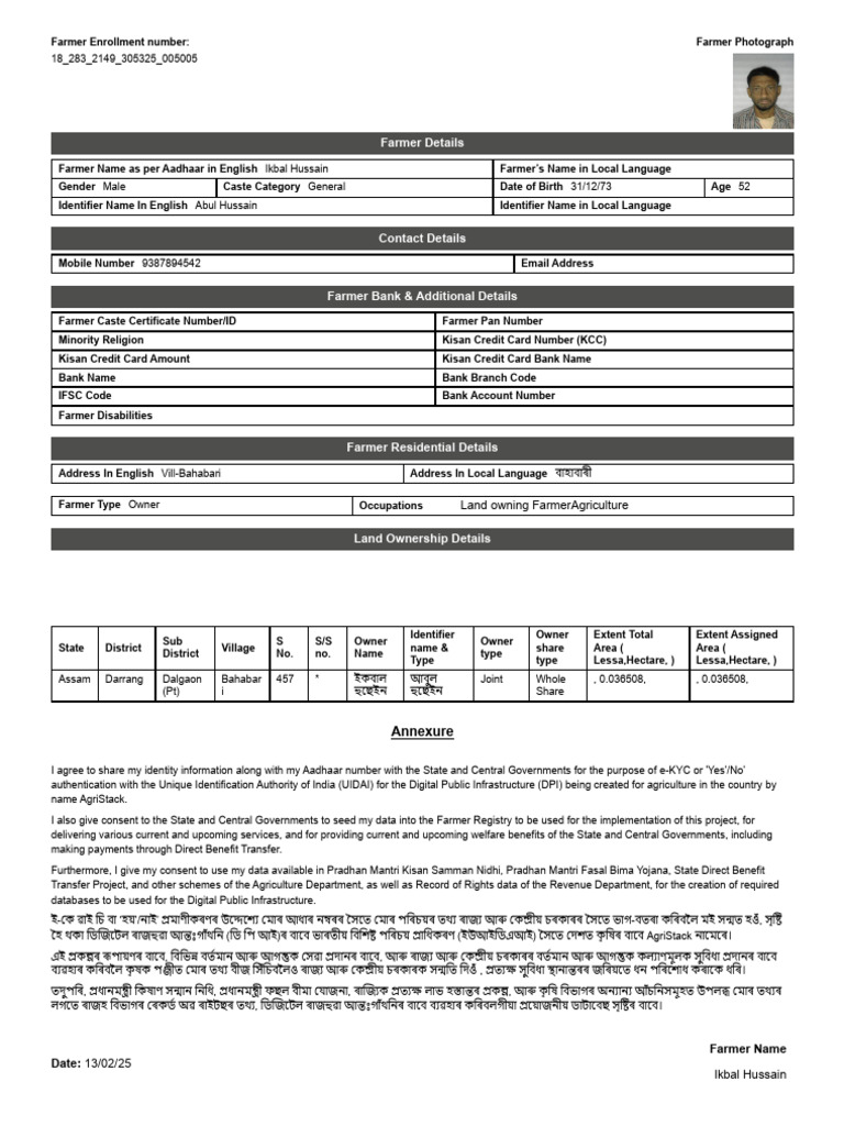Farmer Registry Enrollement Data | PDF