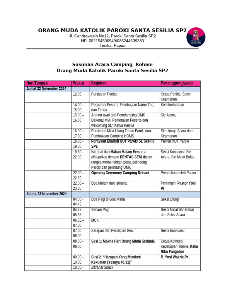 Susunan Acara Kemah Rohani OMK St. Sesilia SP2 | PDF