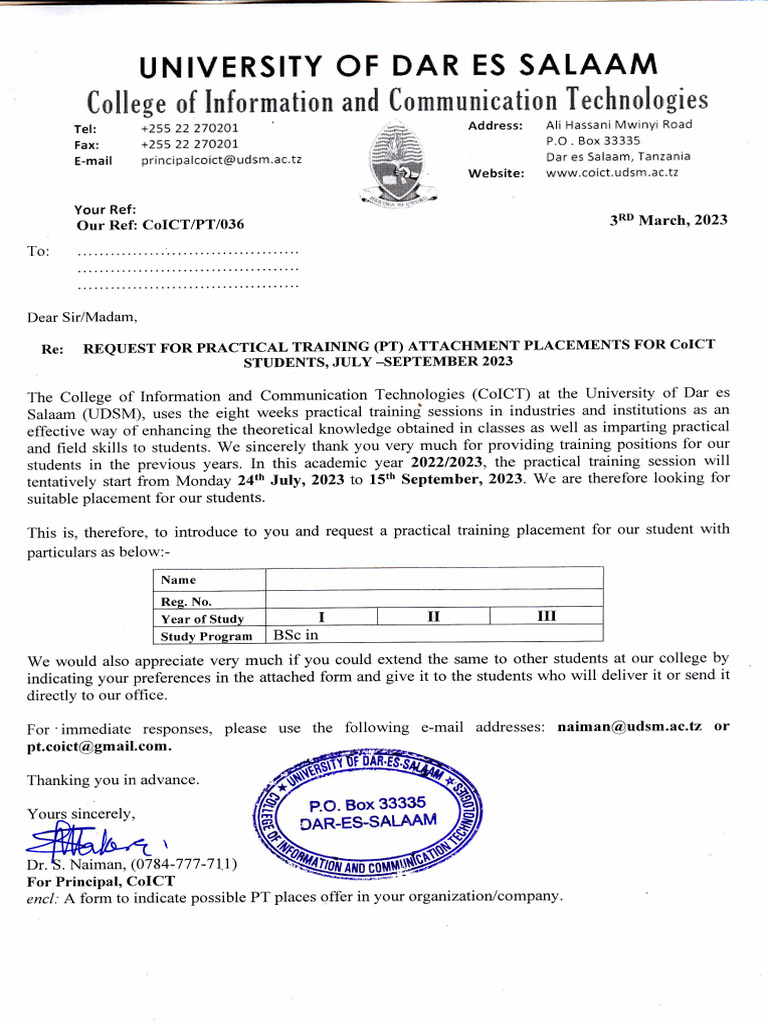 Request for CoICT Student Training Placements | PDF
