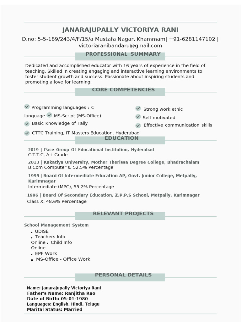 Experienced Educator Profile: Victoriya Rani | PDF