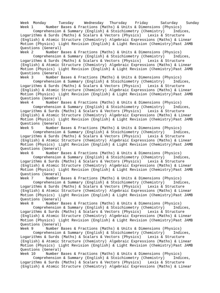 JAMB Study Timetable(2) | PDF | Scalar (Mathematics) | Linear Map