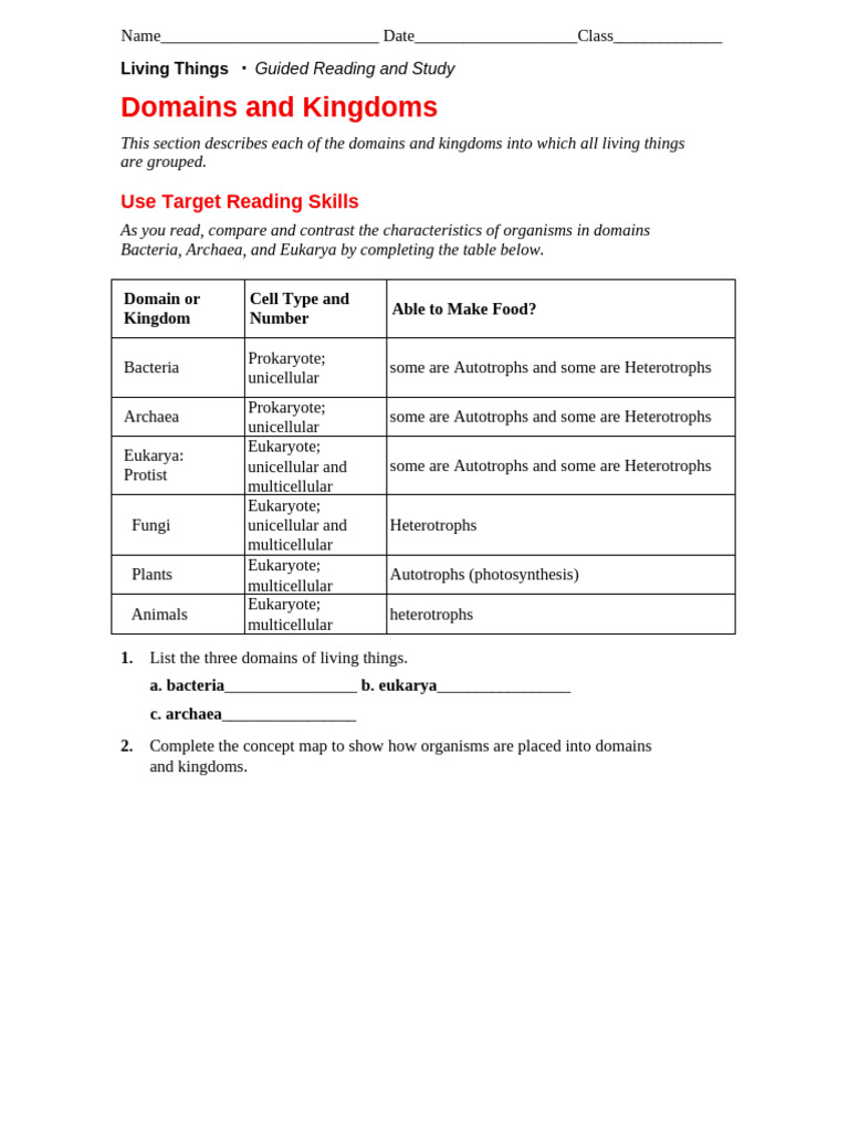 Domains and Kingdoms Overview Worksheet | PDF | Eukaryotes | Bacteria
