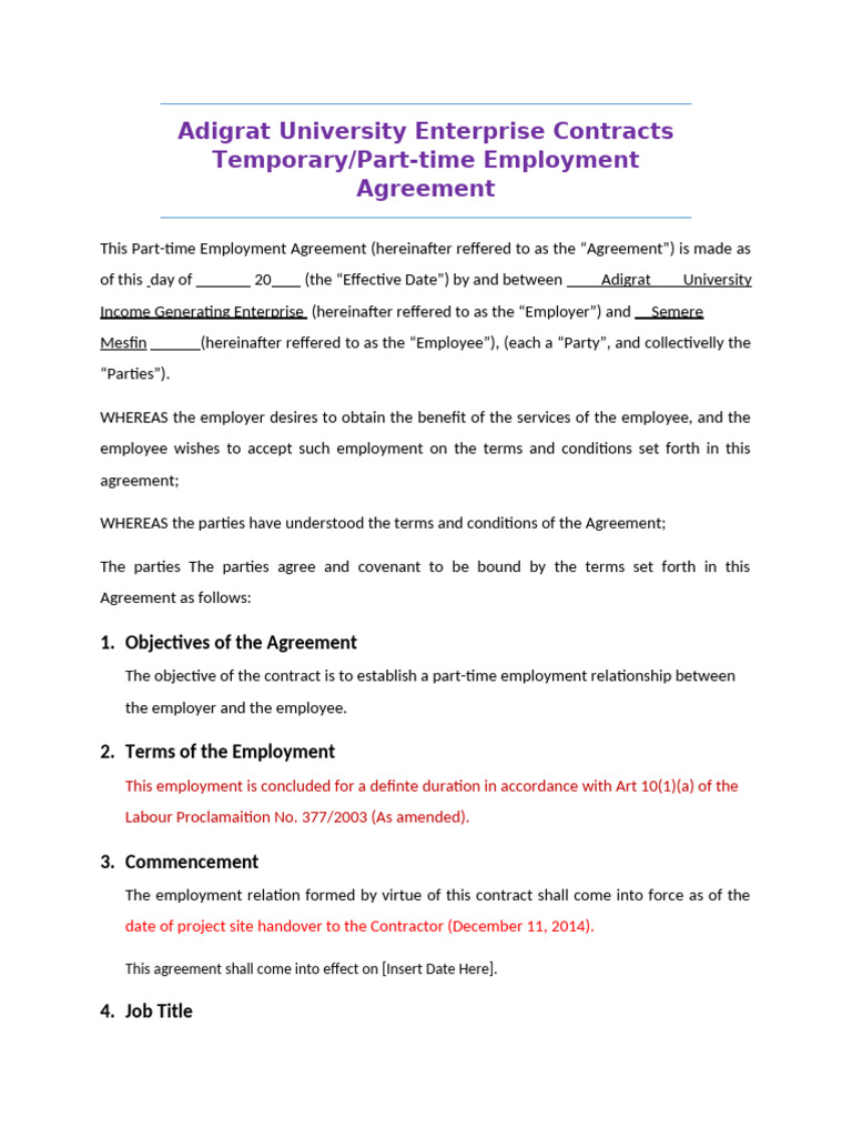 Adigrat University Part-Time Employment Contract | PDF | Employment ...