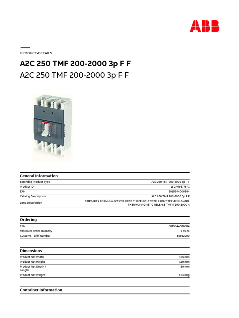 A2C 250 TMF Circuit Breaker Overview | PDF | Electronics | Manufactured ...