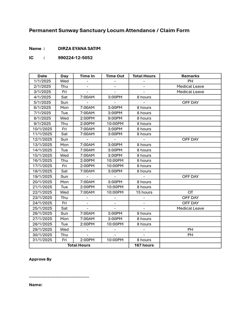 Sunway_Sanctuary_Locum_TimeSheet_Dirza_Jan25 | PDF