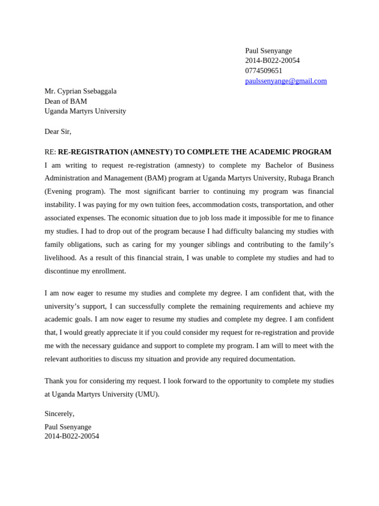 Re Registration Letter From Ssenyange Paul | PDF
