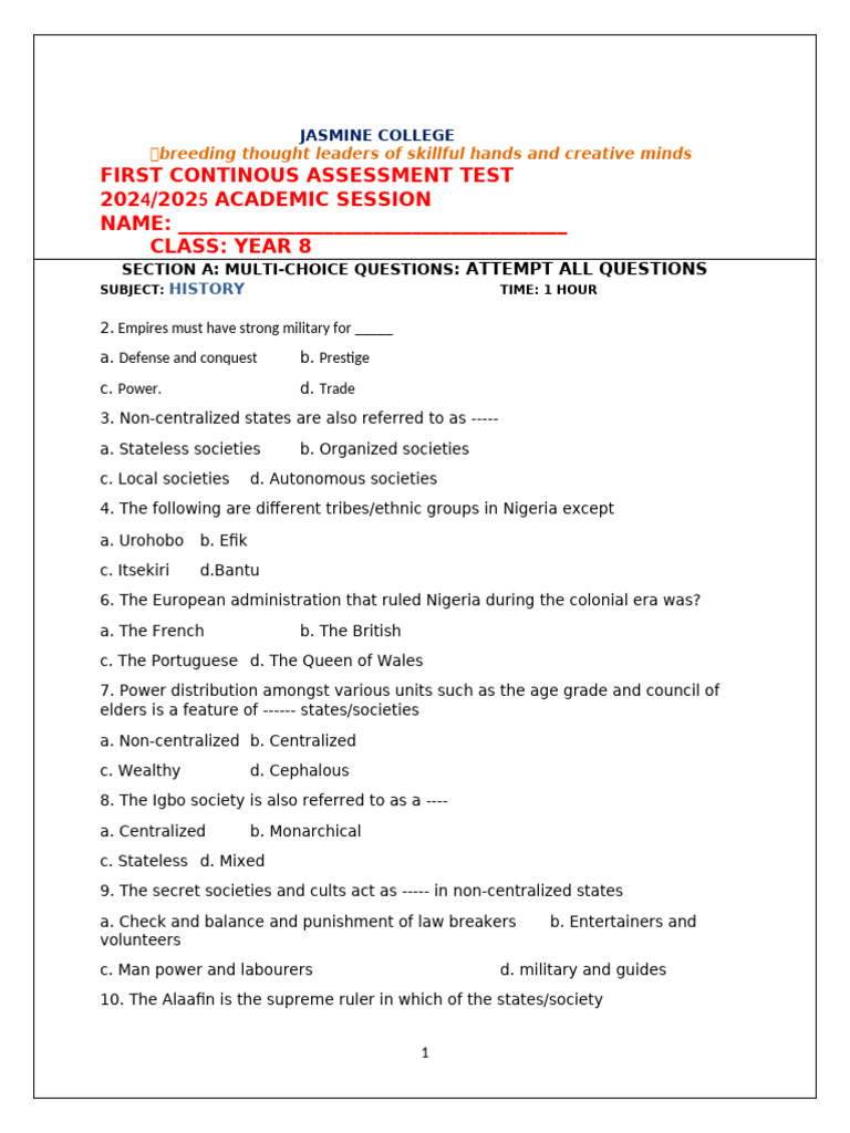 Year 8 History Assessment 2024/2025 | PDF | Igbo People | Nigeria