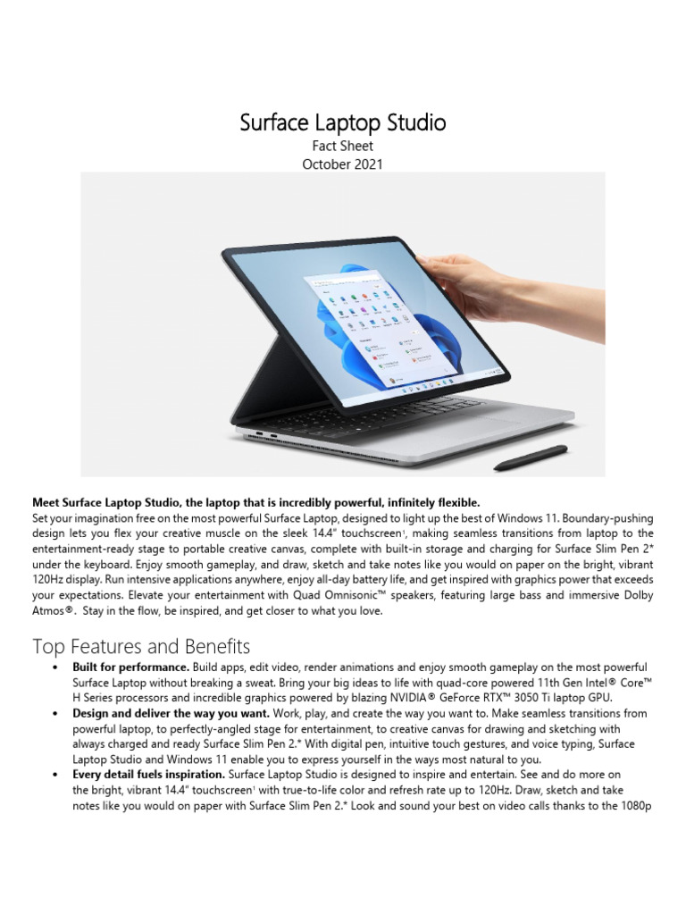 Surface Laptop Studio Fact Sheet | PDF | Laptop | Graphics Processing Unit