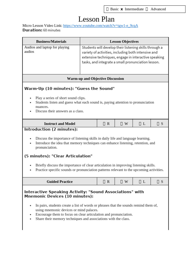 Original Listening:Speaking:Pronunciation Lesson Plan | PDF | Communication | Memory