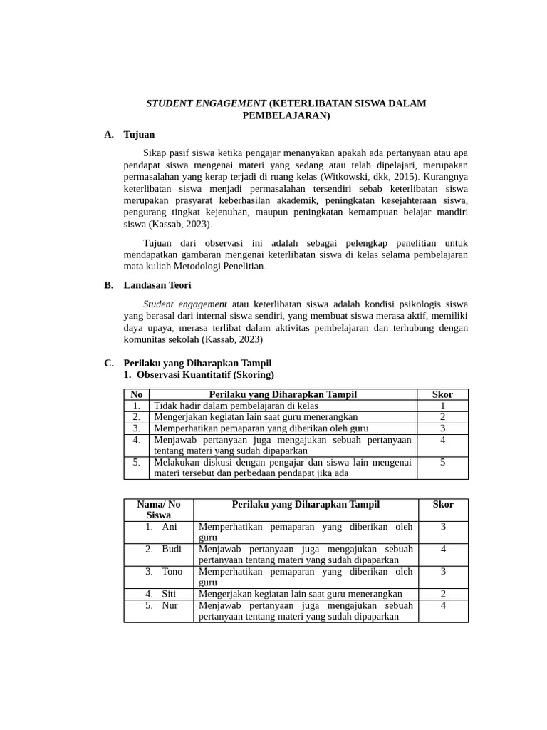 Lembar Tugas Observasi Student Engagement_kristin Tri Floren_k4b_592211318394 | PDF