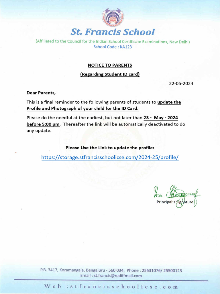 Notice To Parents (Regarding Student ID Card) : Principal's Signature | PDF