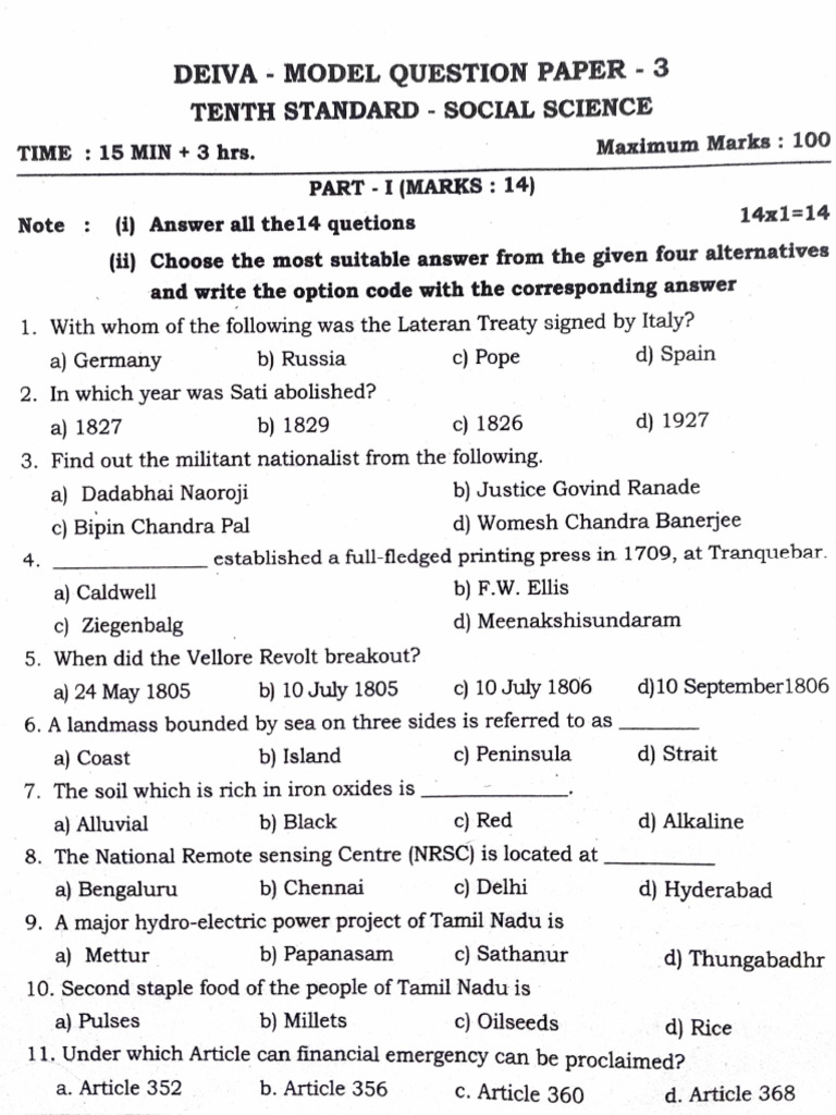 10TH Social Science Deiva Model Question Paper 3 | PDF | South India