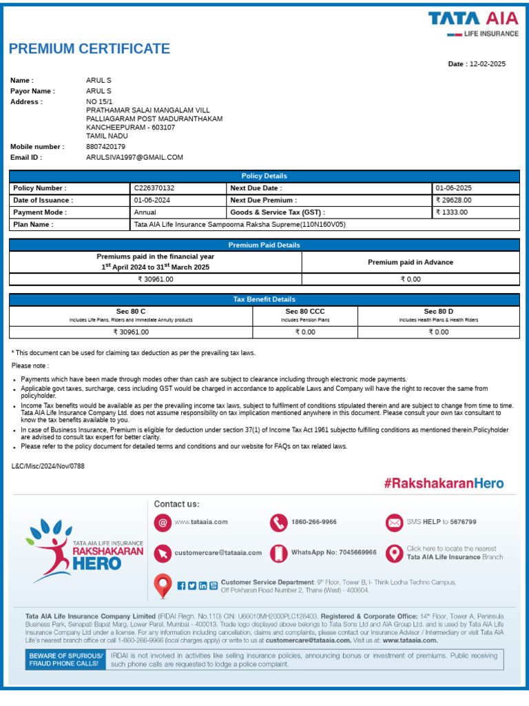 Tata AIA Life Insurance Premium Certificate | PDF | Insurance | Life ...