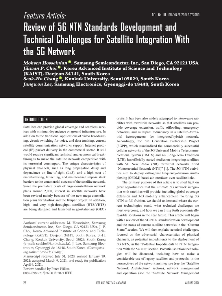 Review of 5G NTN Standards Development and Technical Challenges For Satellite Integration With ...