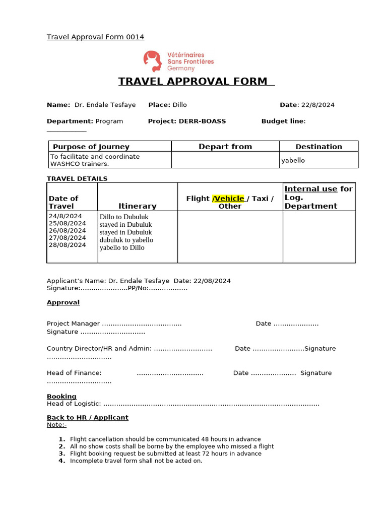 Travel Approval Form - Modified - Template - Docx CH | PDF