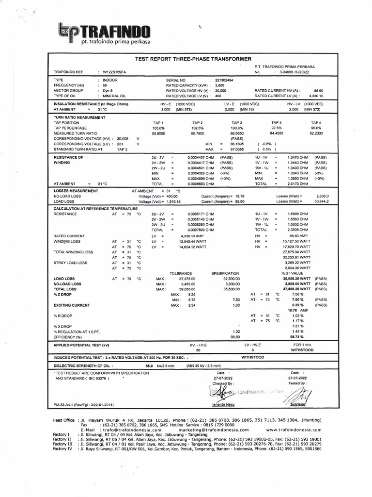 TEST REPORT TRANSFORMER 3P 3000 kVA Cu-Cu Trafindo | PDF | Transformer ...