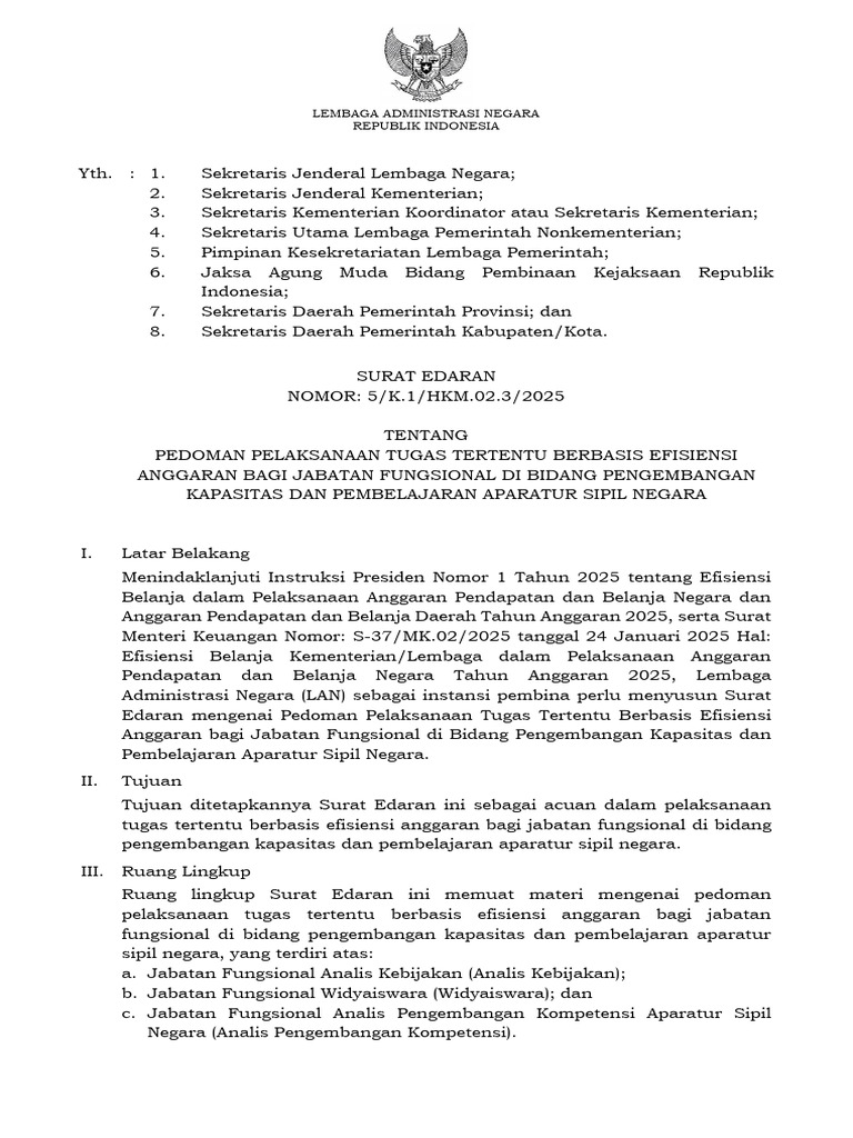Surat Edaran Kepala LAN Nomor 5 Tahun 2025 Tentang Pedoman Pelaksanaan Tugas Tertentu Berbasis ...