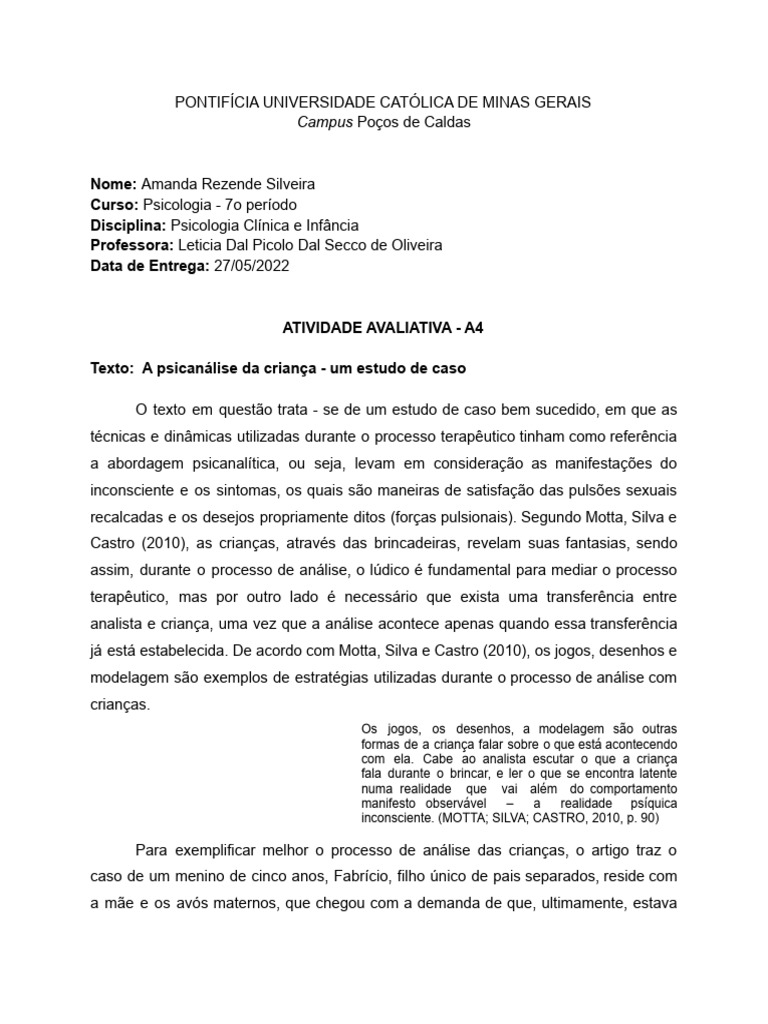 A4- Atividade Avaliativa (1) | PDF | Psicanálise | Psicoterapia