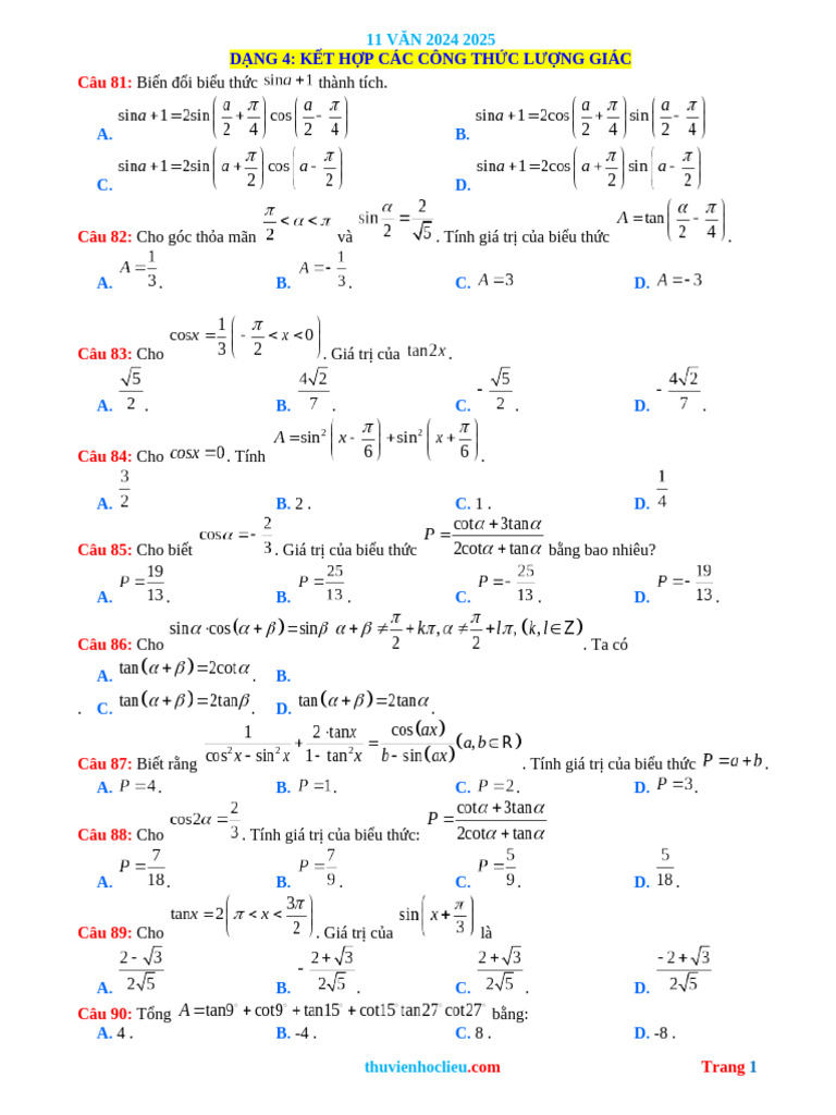 ACL Toan 11 Dang 4 KET HOP CAC CONG THUC LUONG GIAC | PDF