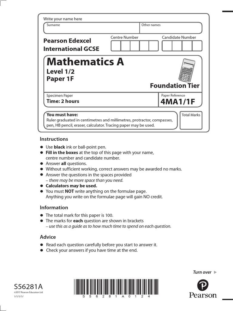 Edexcel Maths Specimen Paper 1F | PDF | Area | Geometry