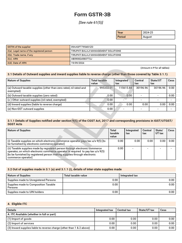 GSTR3B 09aagft7954g1zo 082024 | PDF | Taxes | Business