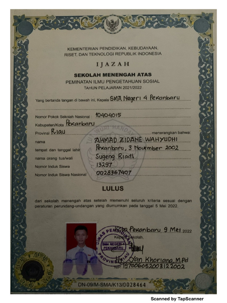 Ijazah Ahmad Zidane Wahyudhi | PDF